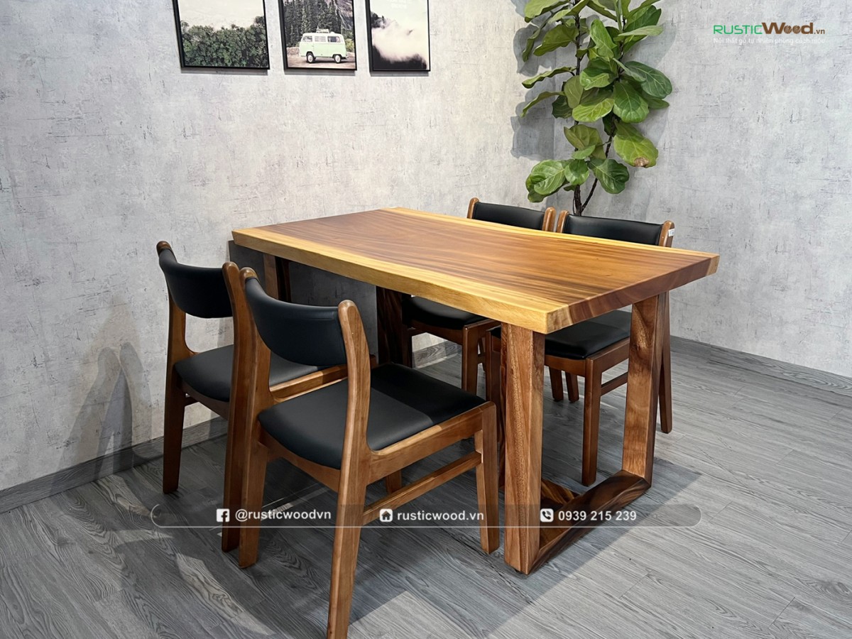Bộ Bàn Ăn 4 Ghế Gỗ Me Tây Nguyên Tấm Chân Gỗ | Rustic Wood